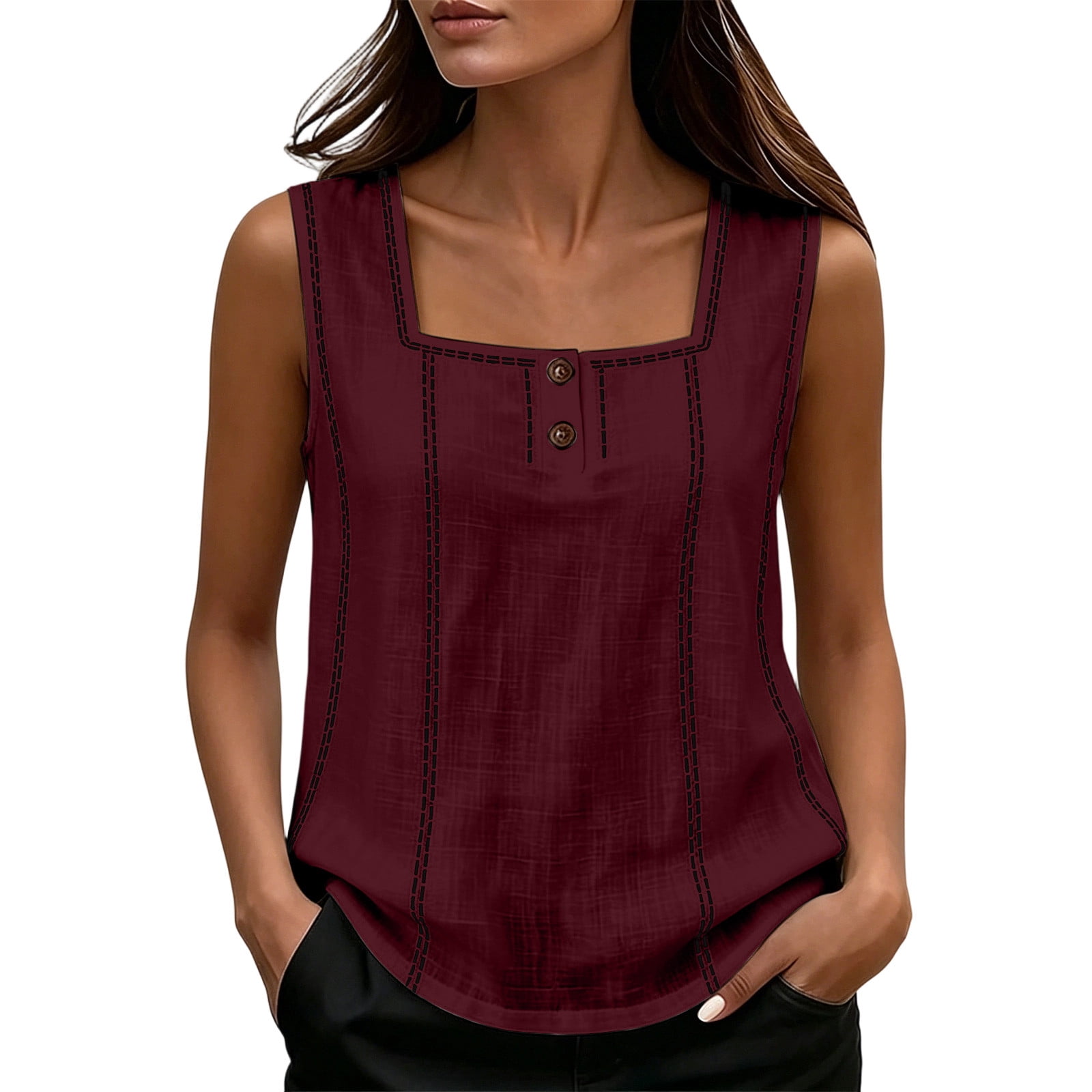 HongQid Women’s Square Neck Sleeveless Linen Blend Tank Top Contrast ...