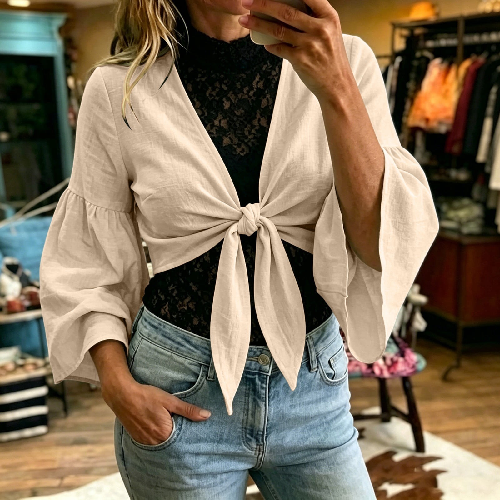 HongQid Women's Tie-Knot Linen Kimono Tops Bell Sleeve Cropped Open ...
