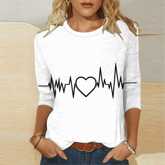 HongQid Womens 3/4 Sleeve V Neck Valentine T Shirts Love Heart Printed ...