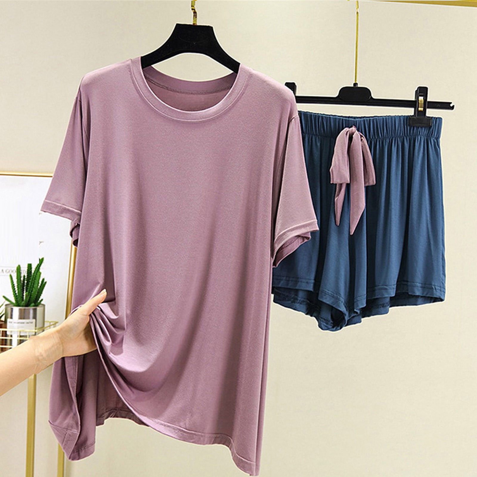 HongQid Womens 3pcs Modal Pajamas Set Short Sleeve Sleepwear Solid ...