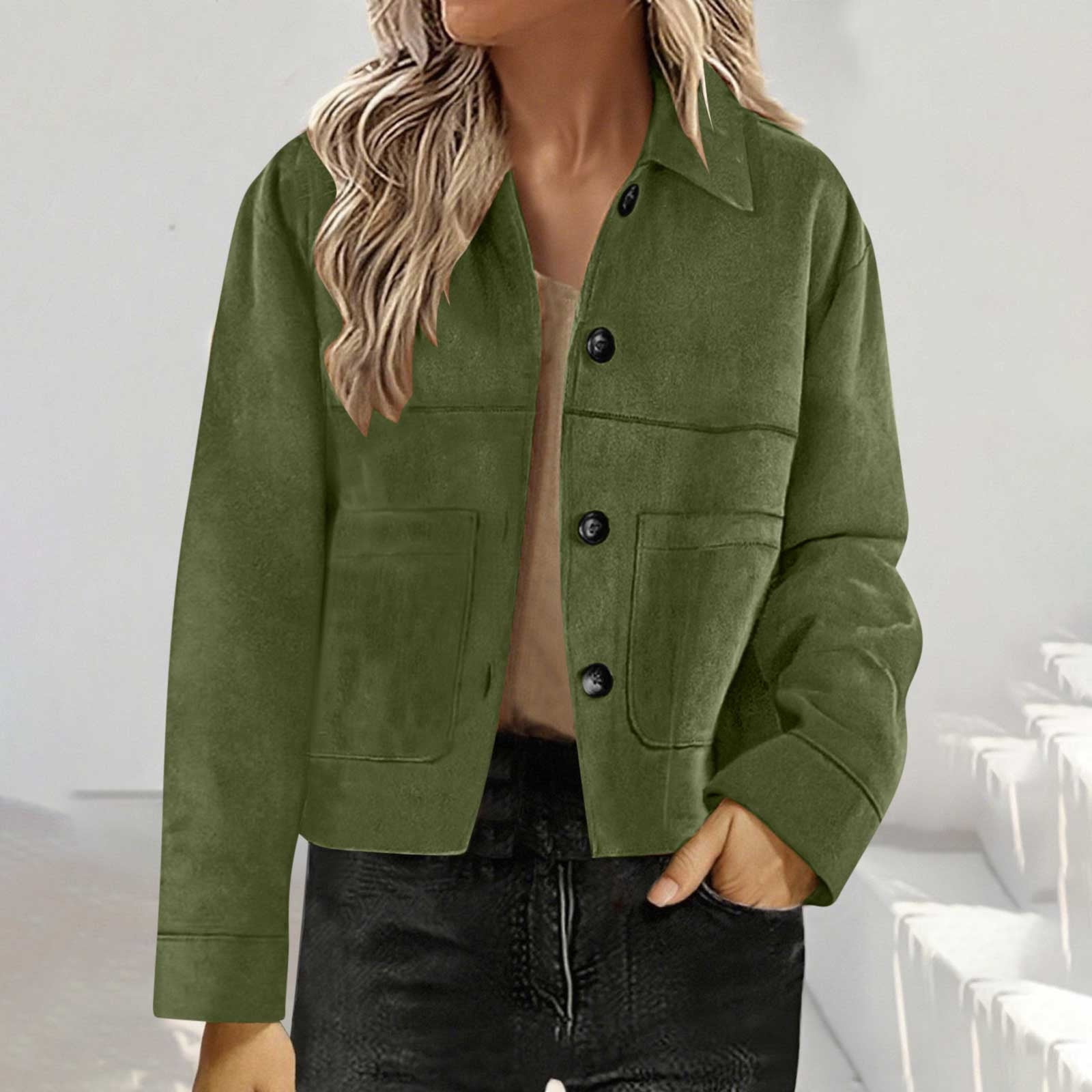 HongQid Womens Cropped Jacket Contrast Collar Utility Coat Cargo Jacket ...