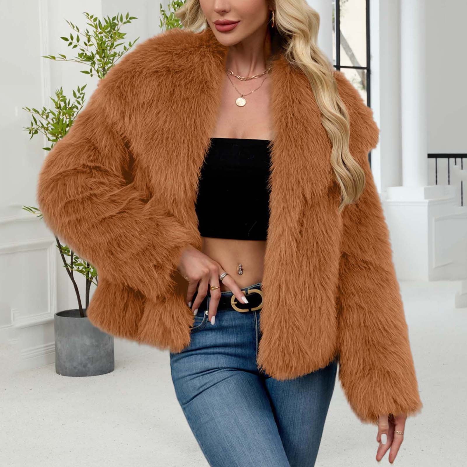 HongQid Womens Faux Fur Coat Lapel Open Front Fluffy Shaggy Jacket ...