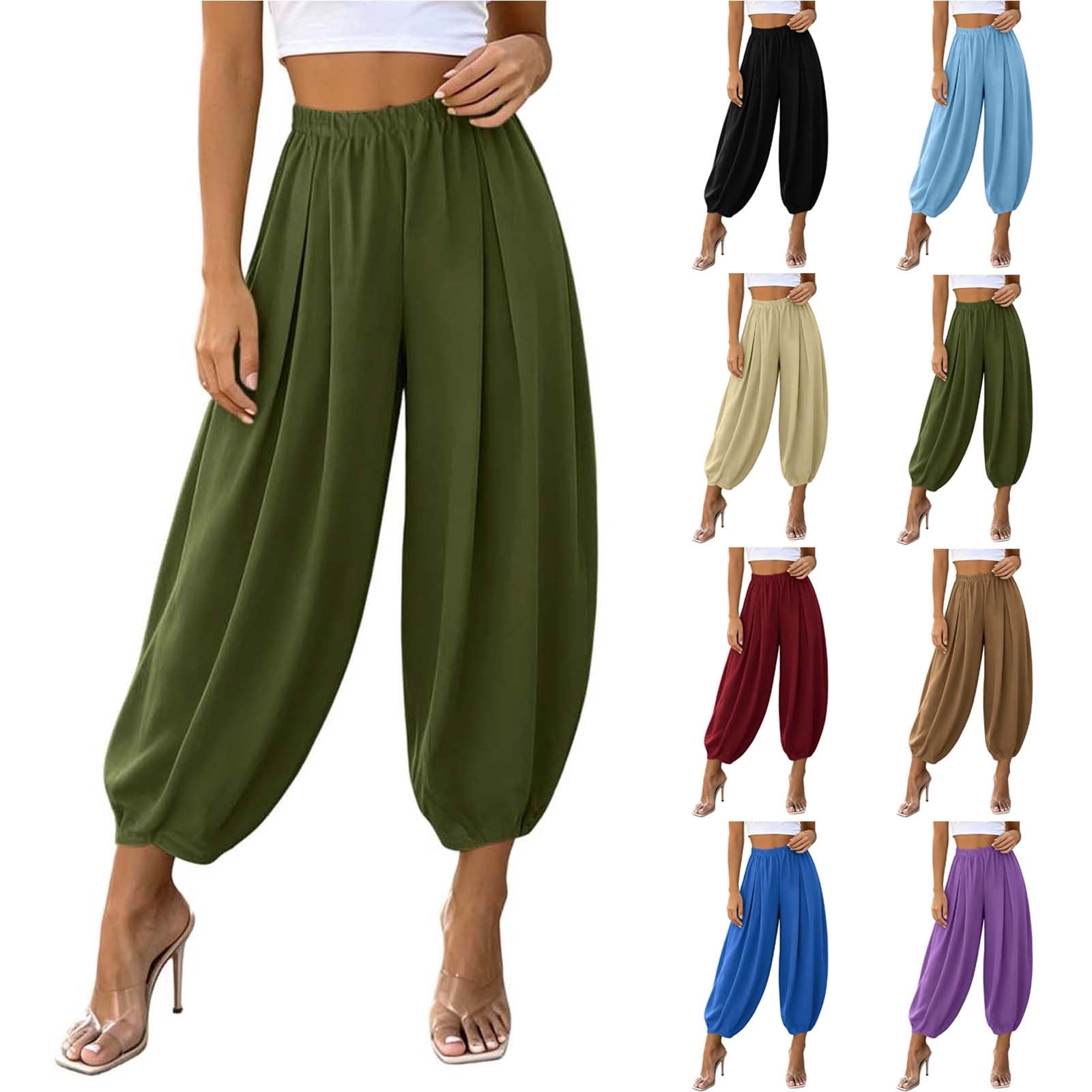 HongQid Womens Harem Pants Elastic Waist Pleated Lantern Cropped ...