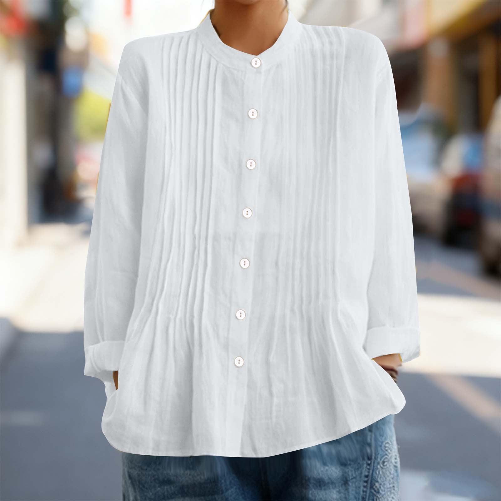 HongQid Womens Long Sleeve Tops Cotton Linen Button Down Shirts Round ...