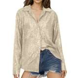 HongQid Womens Sequins Long Sleeve Collared Shirt Button Down Open ...