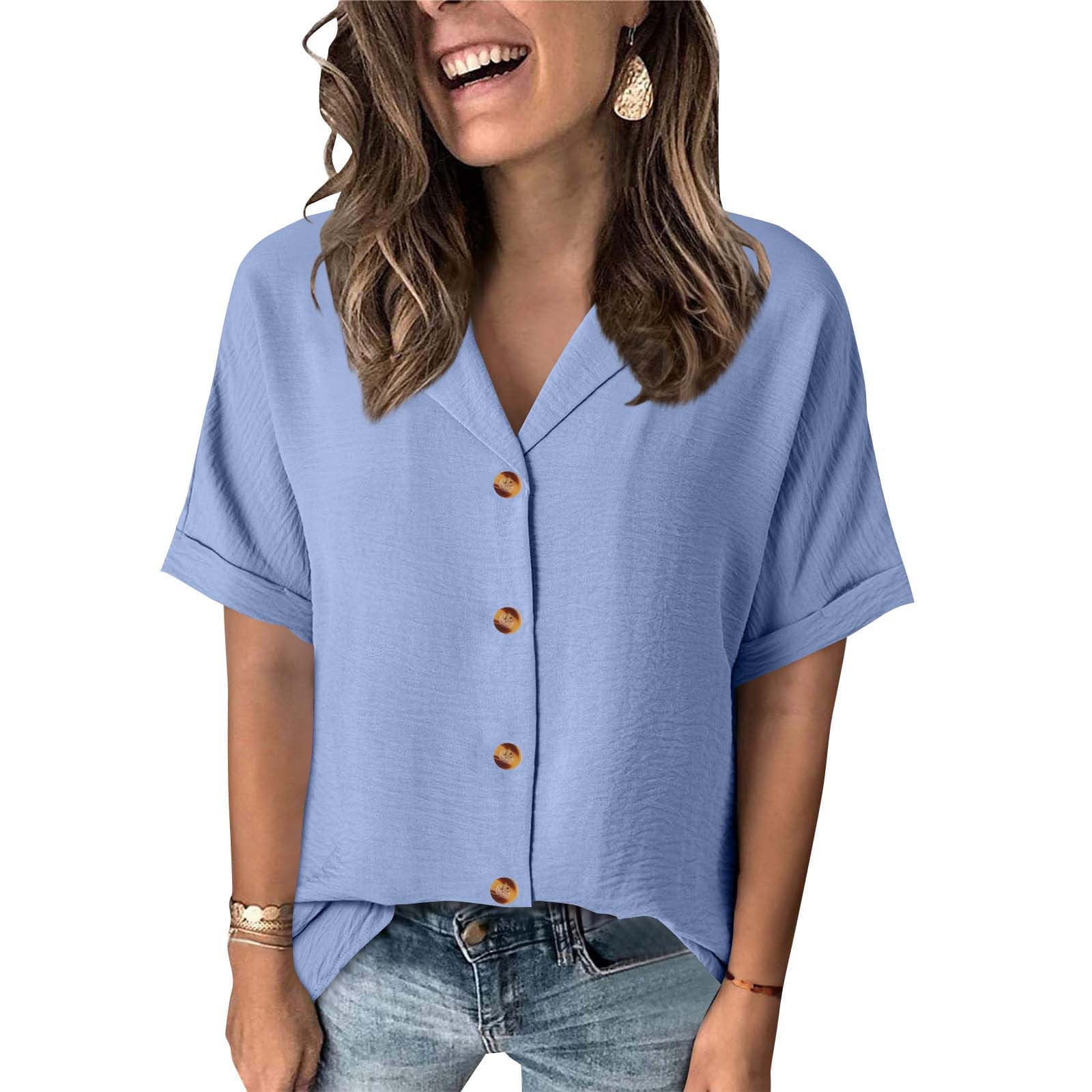 HongQid Womens Short Sleeve Button Down Shirts Loose Fit V Neck ...