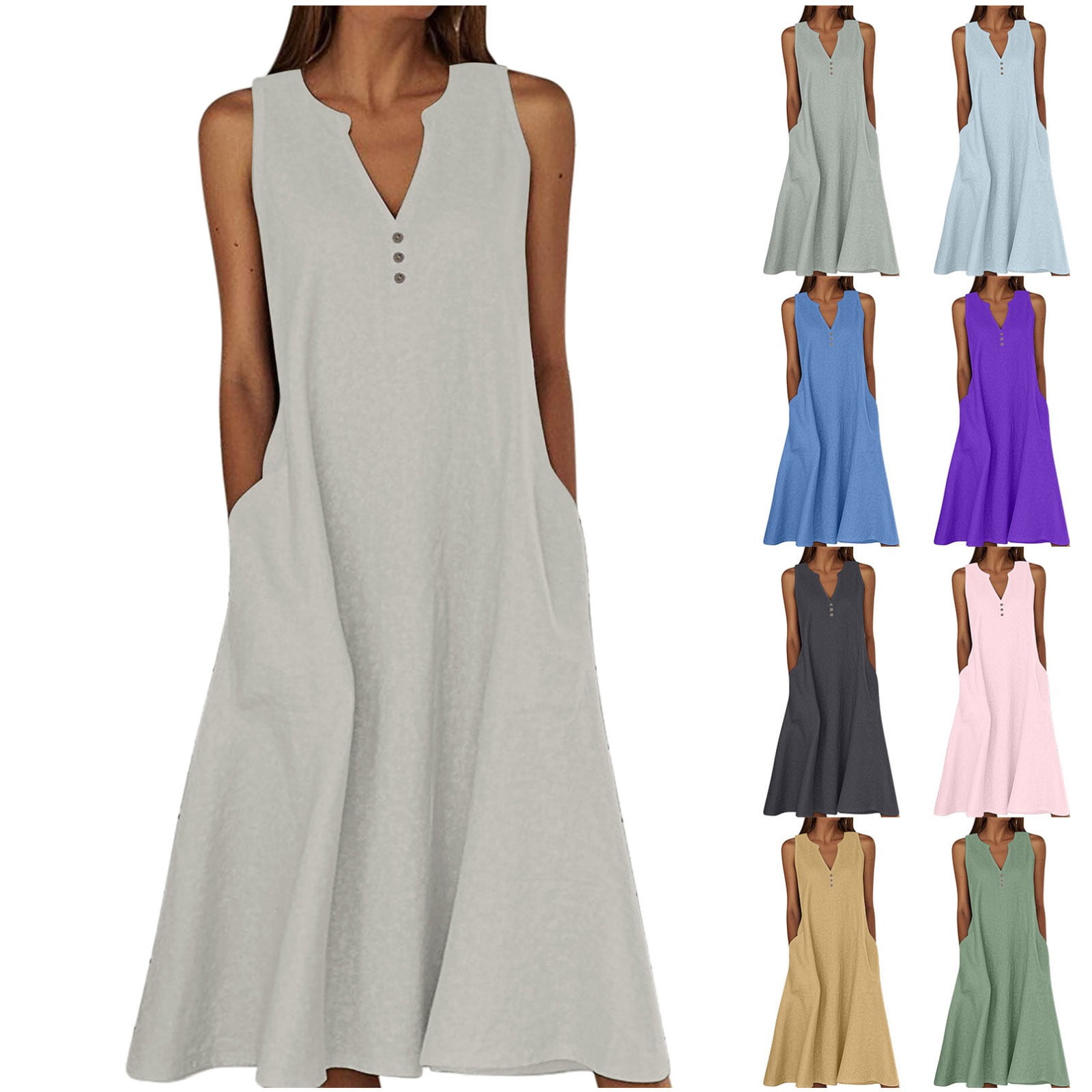 HongQid Womens Sleeveless Henley Maxi Dress Linen Blend Casual A Line ...