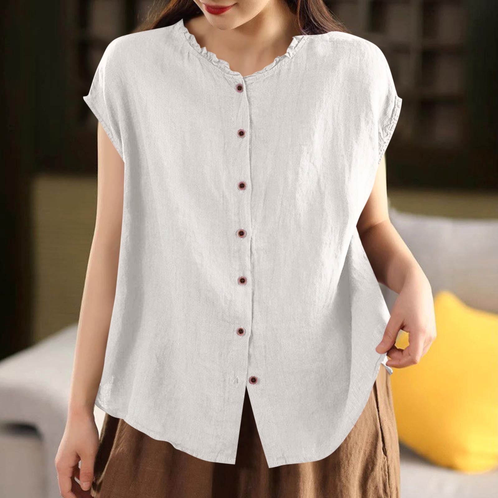 HongQid Womens Sleeveless Ruffled Round Neck Tops Summer Linen Tank ...