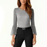 HongQid Womens Sparkle Sequin Tops Mesh Sheer Bell Sleeve Crew Neck ...