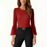 HongQid Womens Sparkle Sequin Tops Mesh Sheer Bell Sleeve Crew Neck ...