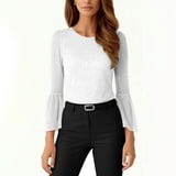 HongQid Womens Sparkle Sequin Tops Mesh Sheer Bell Sleeve Crew Neck ...