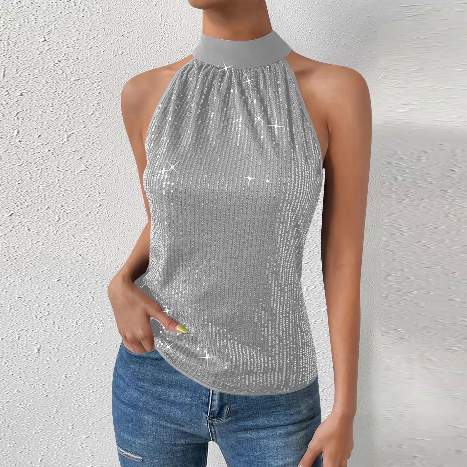 HongQid Womens Sparkly Sequin Tops Mock Neck Blouse Sleeveless Shiny ...