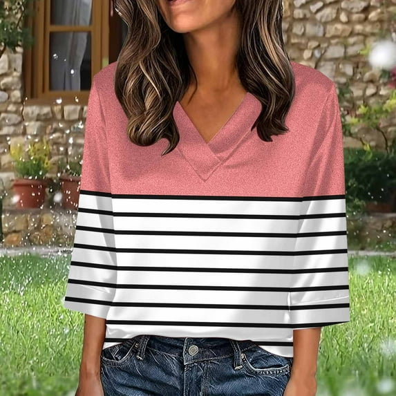 HongQid Womens Tops V Neck Color Block Tee Striped Tunics 3/4 Sleeve ...
