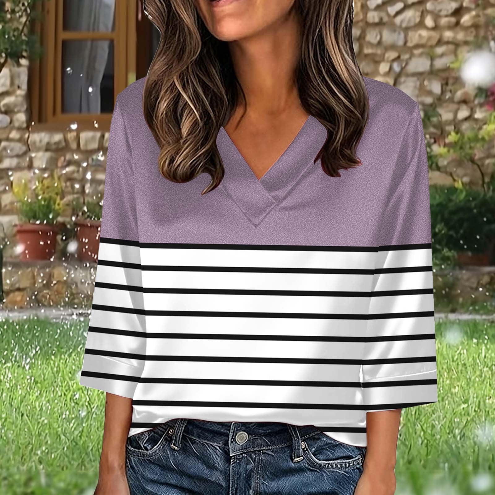 HongQid Womens Tops V Neck Color Block Tee Striped Tunics 3/4 Sleeve ...