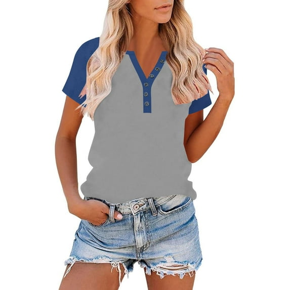 HongQid Womens V Neck Basic Tops Color Block Tunic T Shirts Summer ...