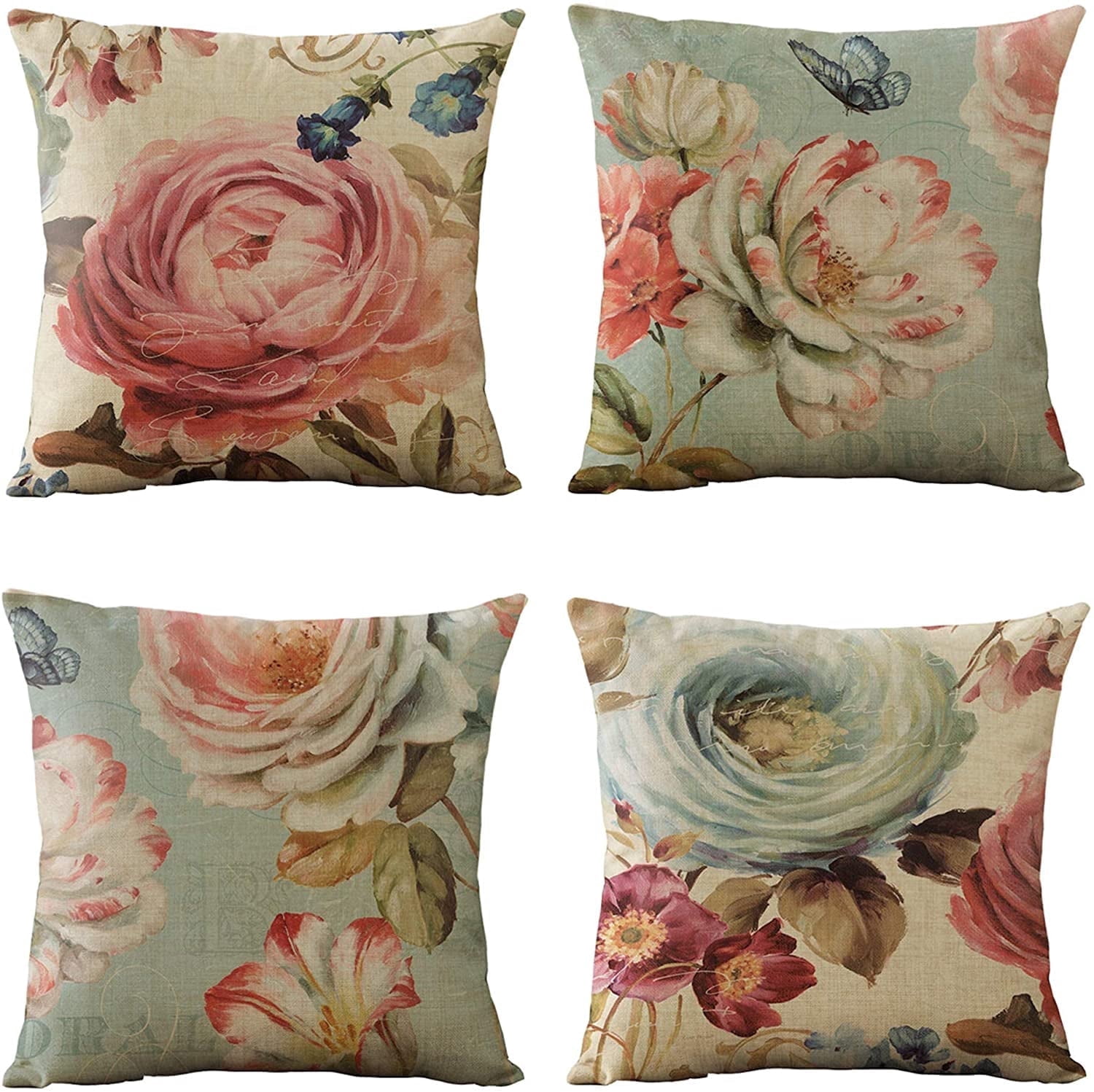 Hongan Set of 4 Vintage Spring Flower Decorative Throw Pillow Covers ...