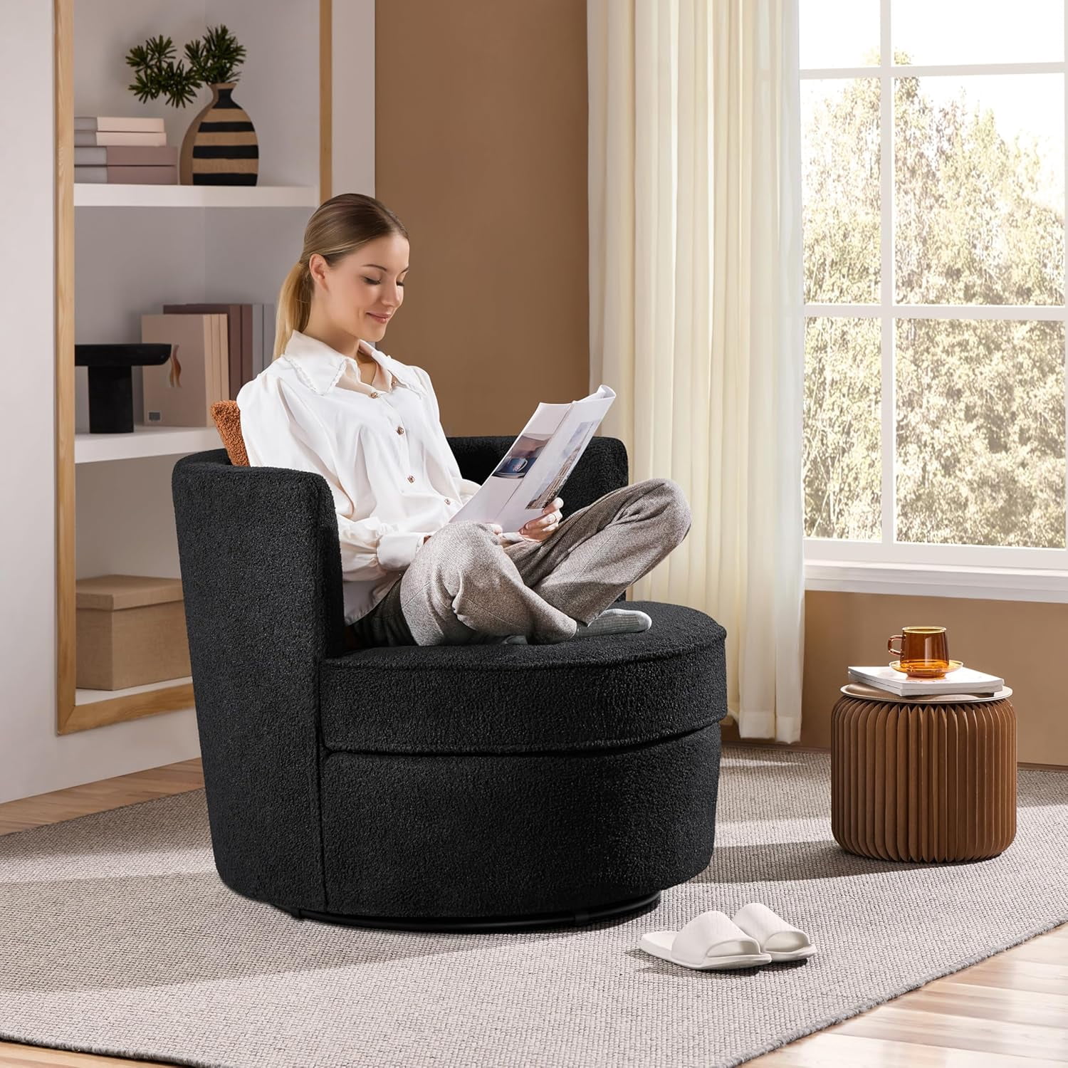 Hongwa Swivel Accent Chair, 360° Boucle Swivel Barrel Chair, Soft ...