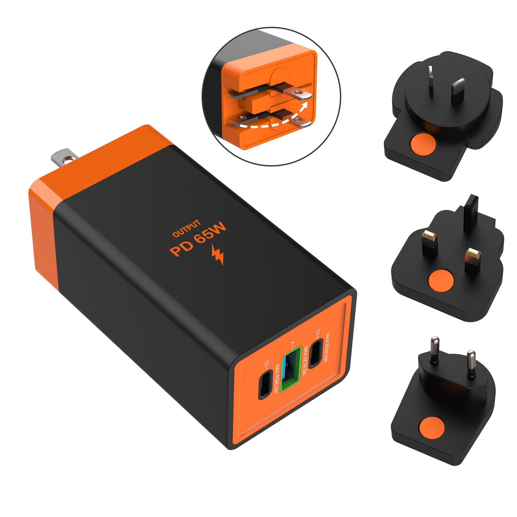 Hongyi 65W PD 3 in 1 Foldable Fast Charger with EU, UK and AU plugs, Charging Station with 2 USB ...