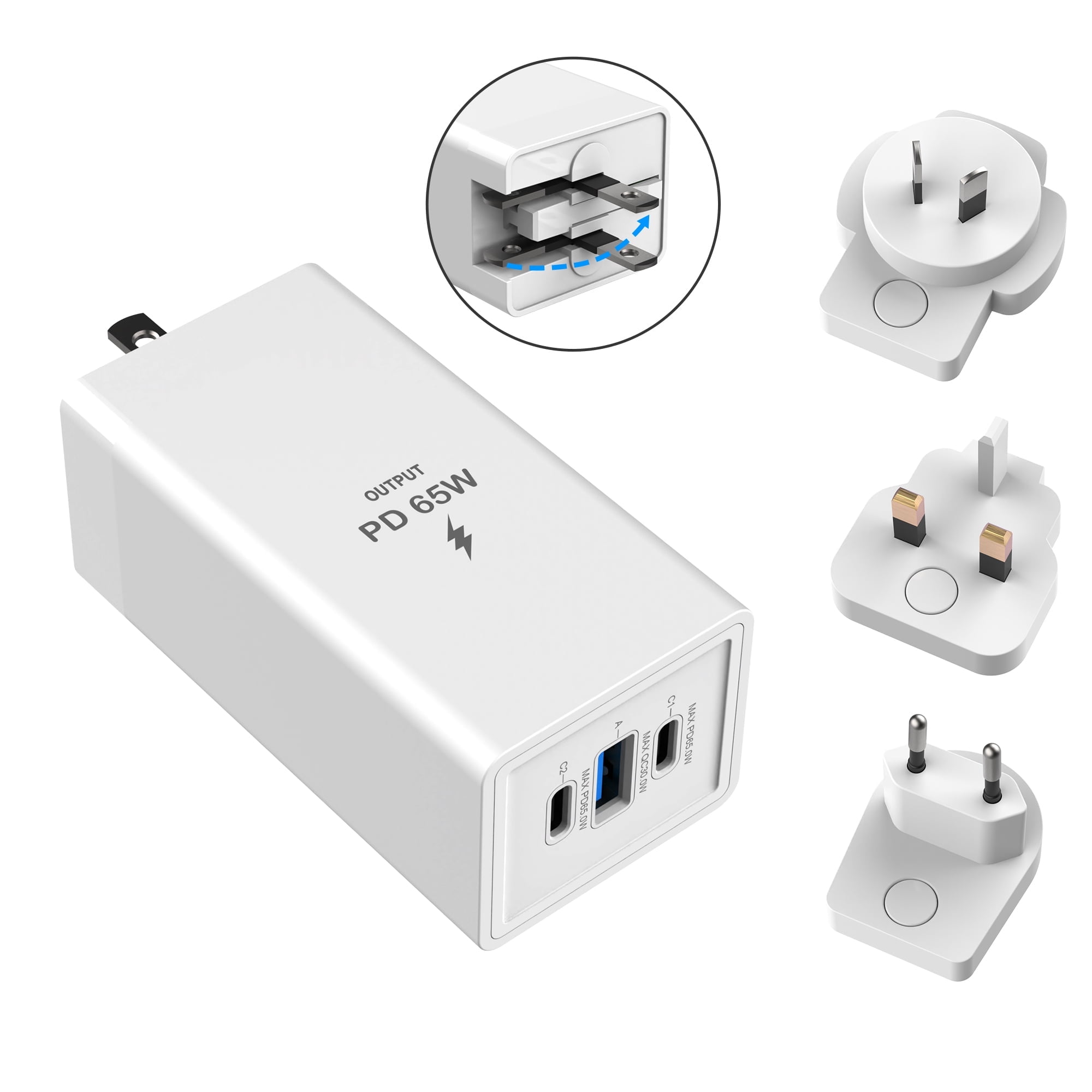 Hongyi 65W PD 3 in 1 Foldable Fast Charger with EU, UK and AU plugs, Charging Station with 2 USB ...