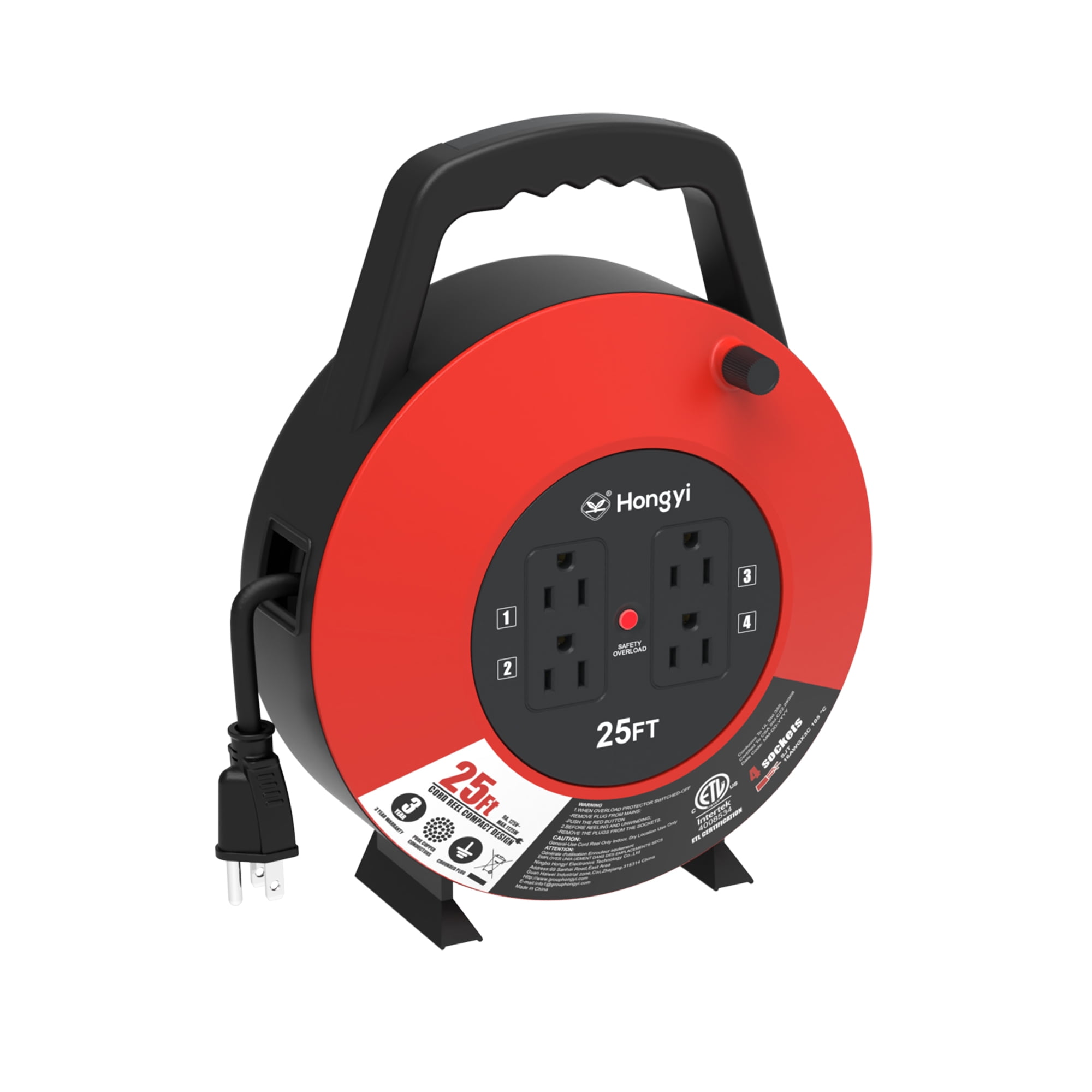 Hongyi Retractable Extension Cord Reel 25ft, 16AWGX3C,SJT, 4 power Outlets, Red - Walmart.com