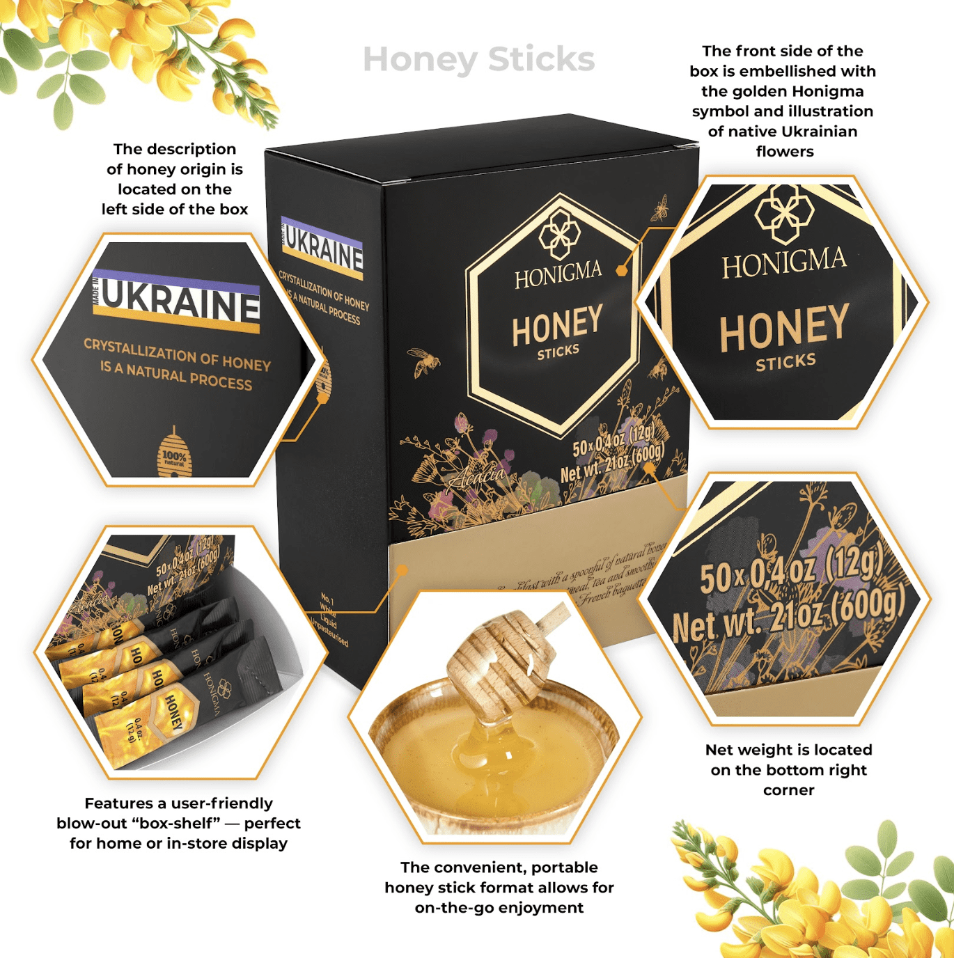 Honigma Acacia Honey Sticks - 50 Count (12g each) | Pure ...