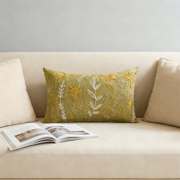 Honmine Floral Embroidered Pillowcase, Spring Style Cotton Linen Blend ...