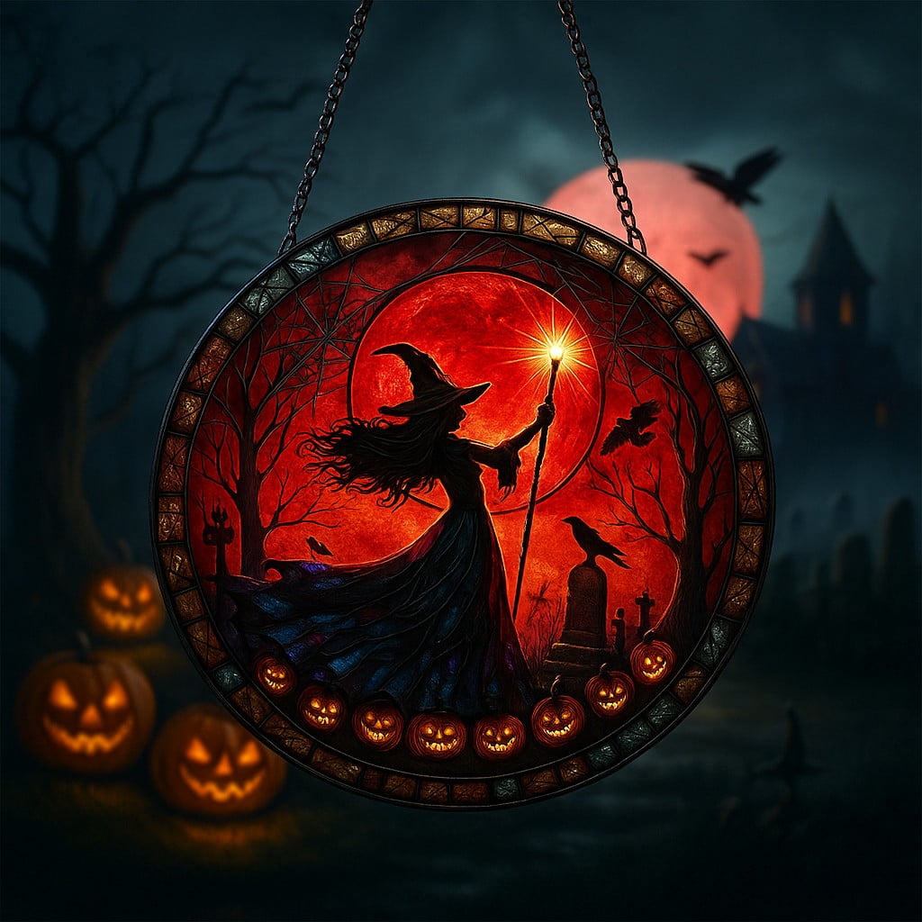 Honmine Halloween Witch Faux Stained Glass Suncatcher for Window ...