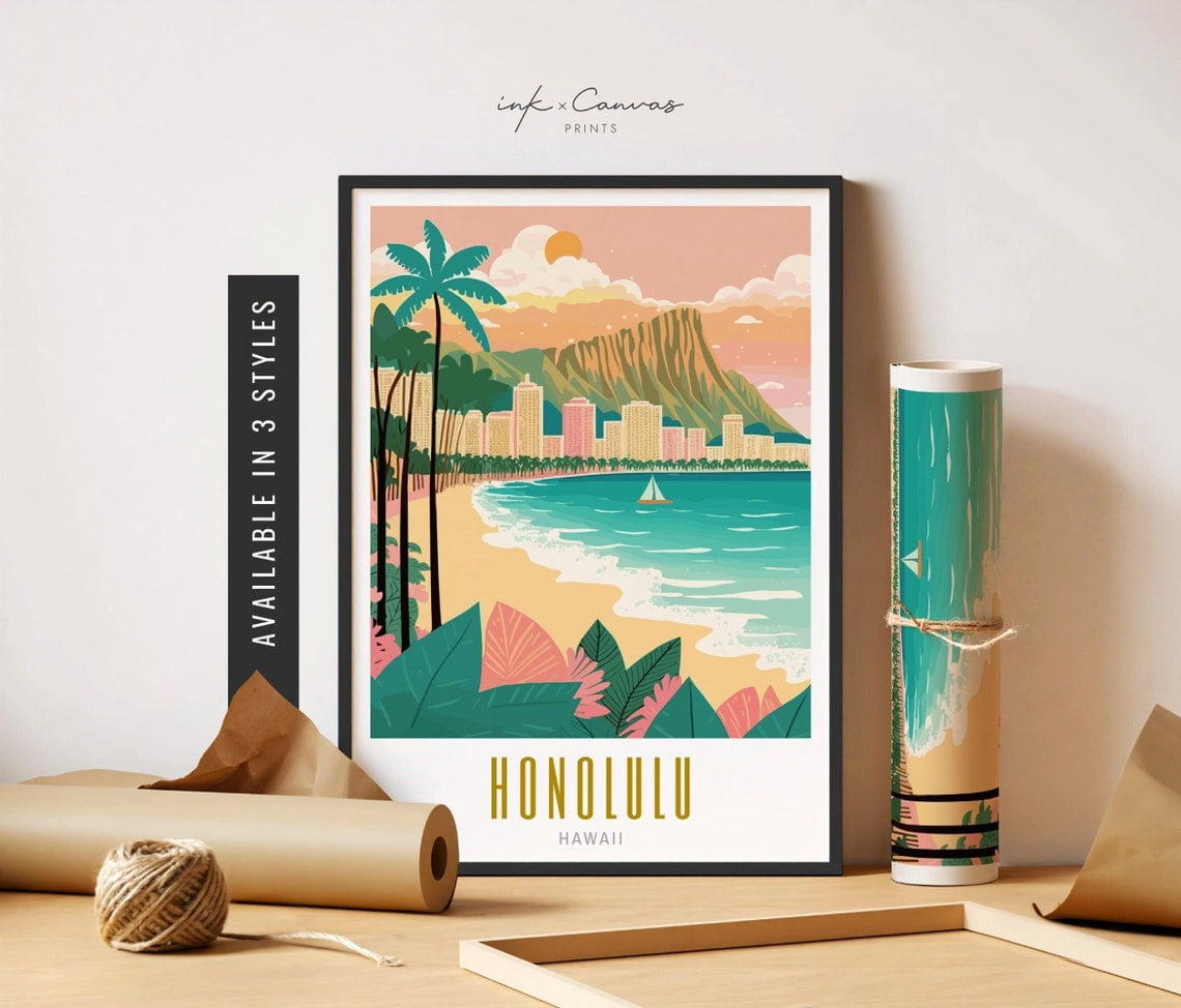 Honolulu Hawaii Poster Waikiki Beach Poster Oahu Wall Art Waikiki ...