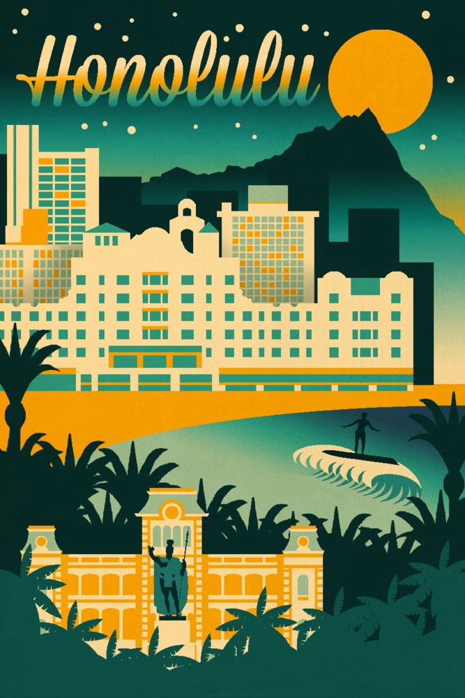 Honolulu, Hawaii, Retro Skyline Chromatic Series (12x18 Wall Art Poster ...