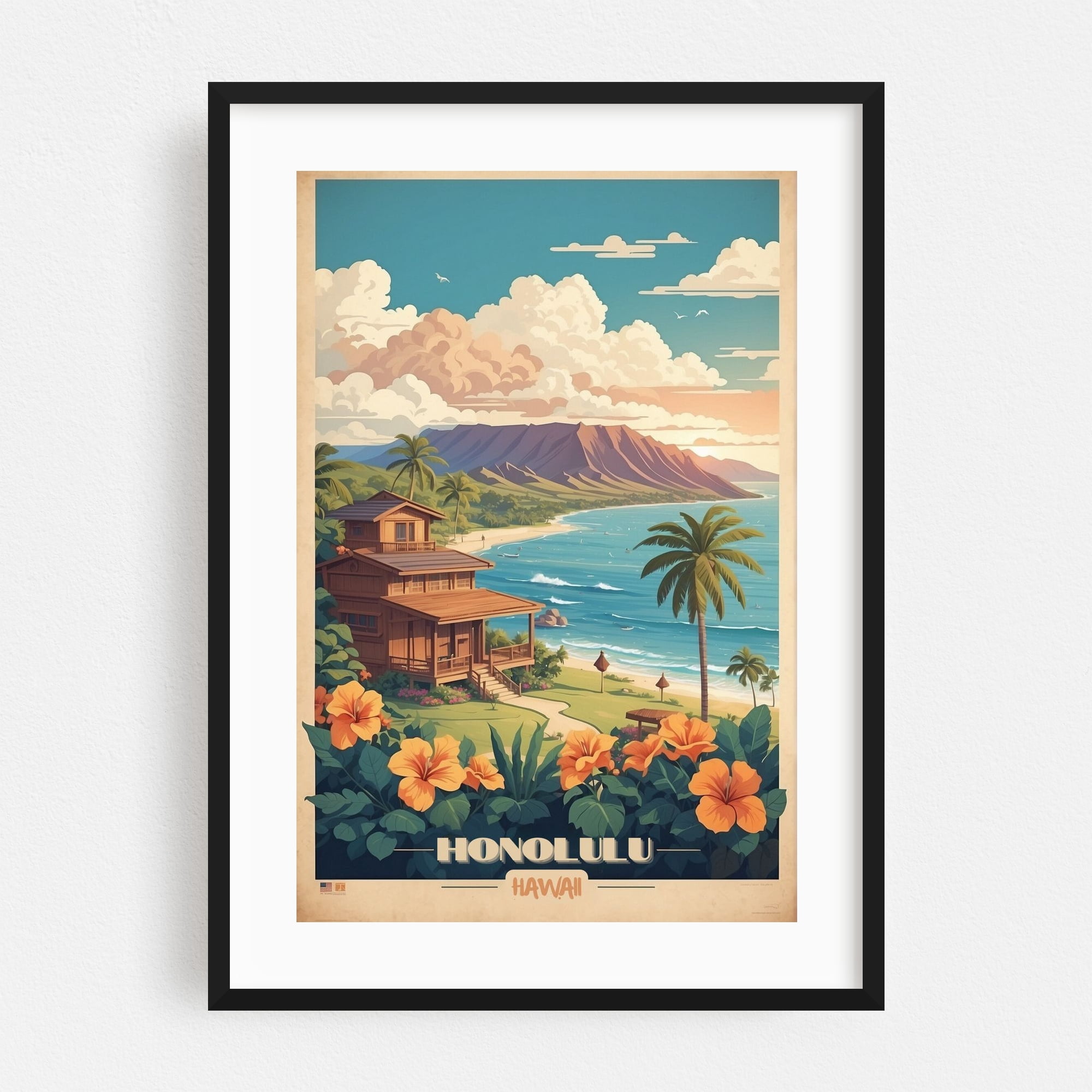 Honolulu Sunset Escape: Vintage Travel Poster - Honolulu Hawaii ...