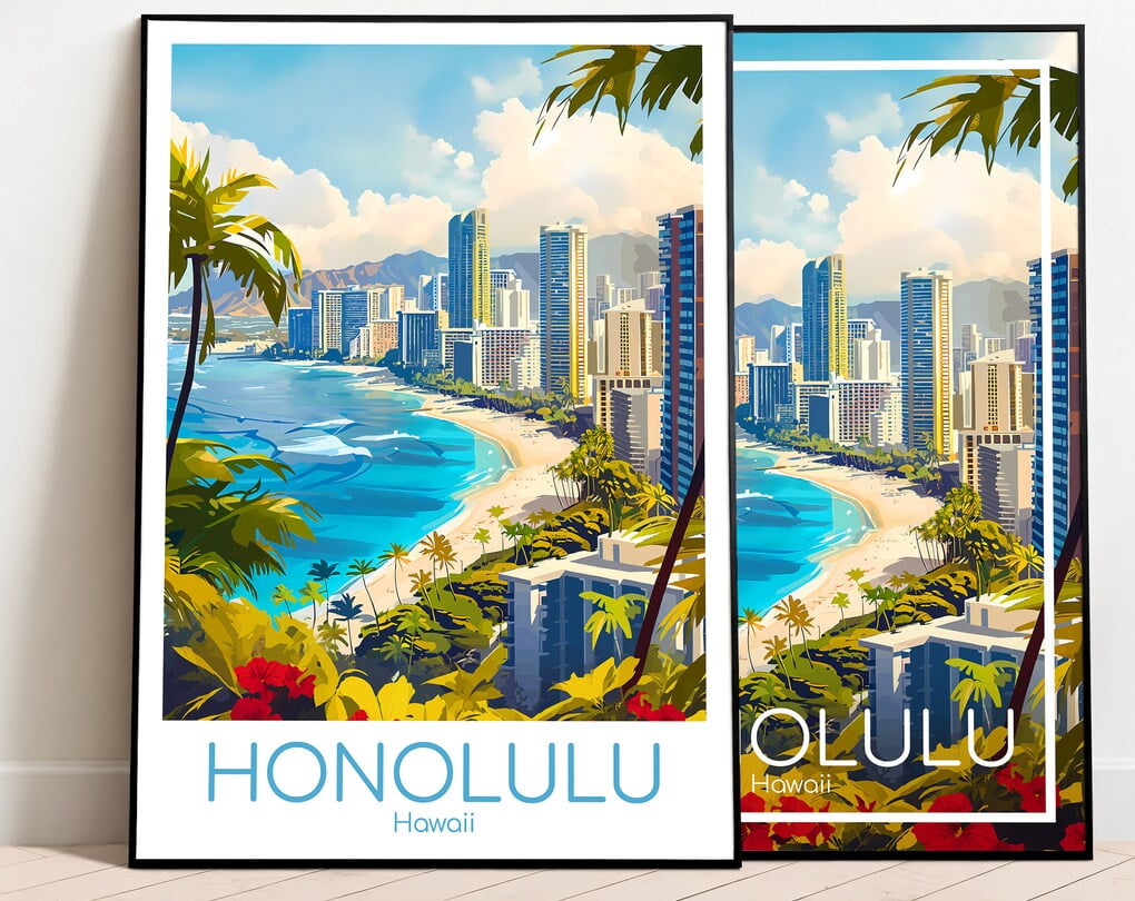 Honolulu Travel Poster City Honolulu Poster City Hawaii Vintage Poster ...