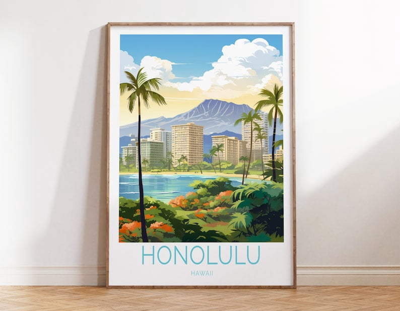 Honolulu Waikiki Beach Poster – Coastal Wall Art, Honolulu Print, Trail ...