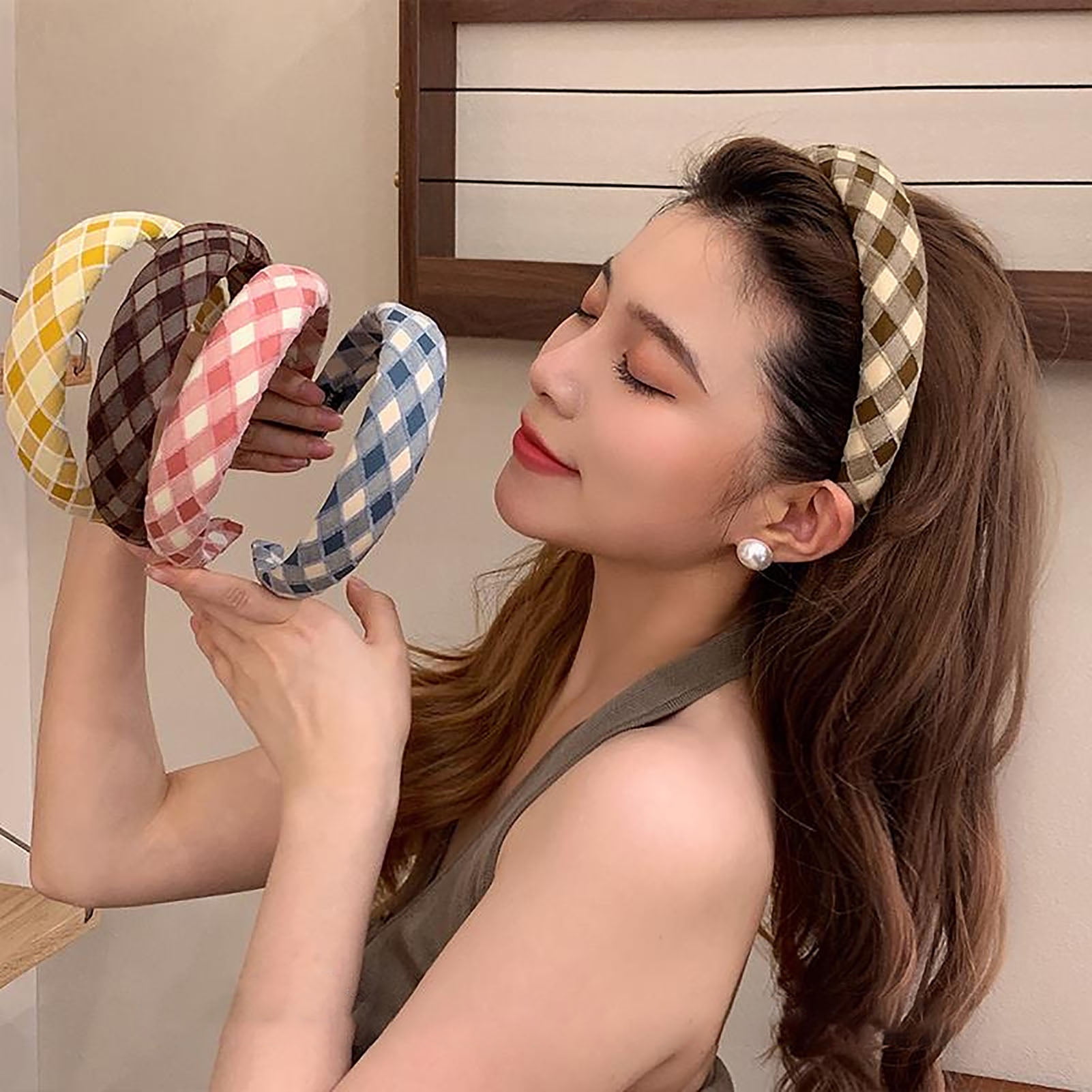 Honrane Hair Hoop Band Wide Edge Non Slip Sweet Style Plaid Pattern