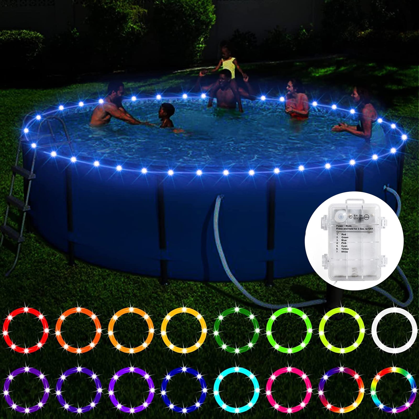 Honrane IP67 Waterproof Pool Rim Light Set, Remote Control, 16 Colors ...
