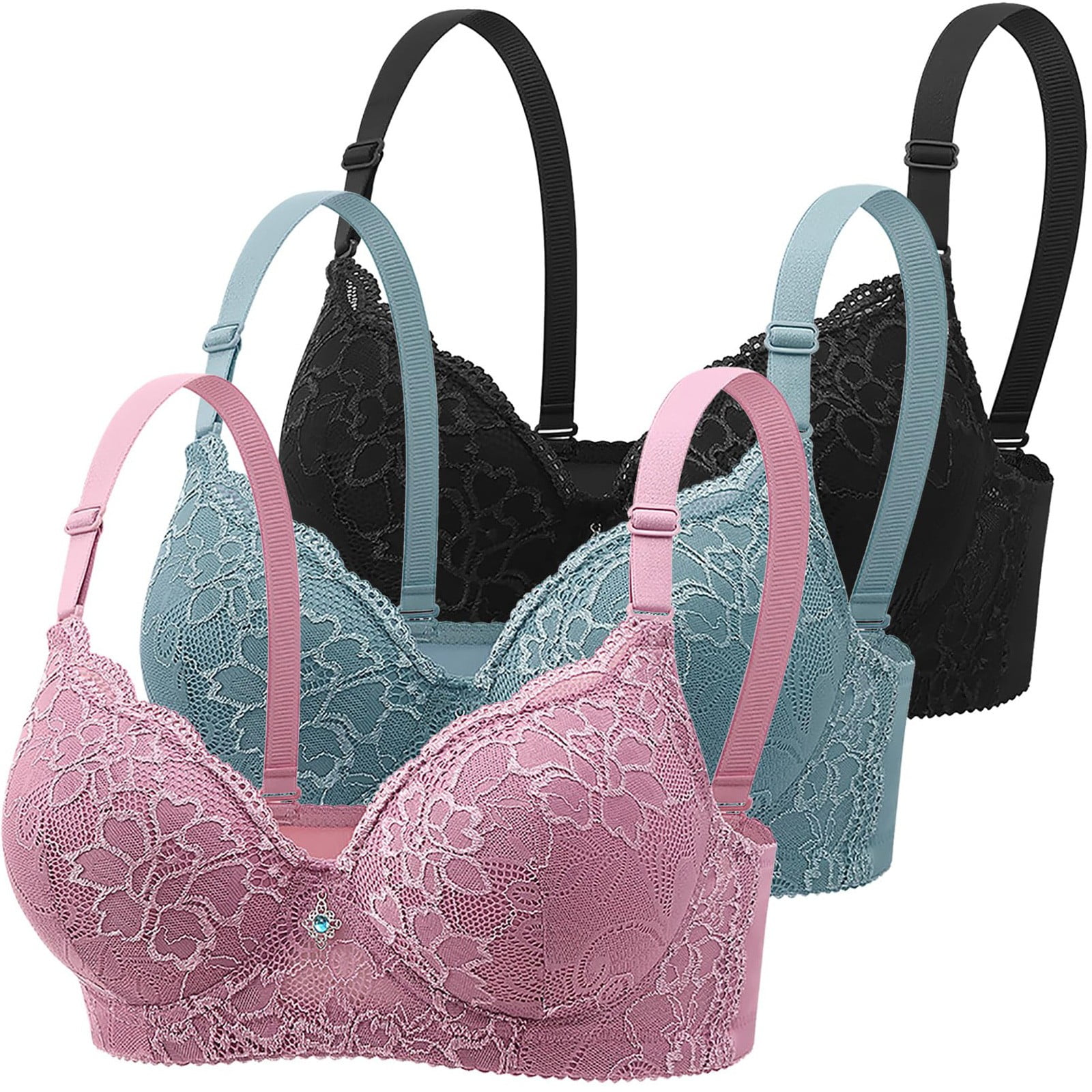 Hontri 3-Pack Lace Underwire Bras - Adjustable Padded Bustier with ...