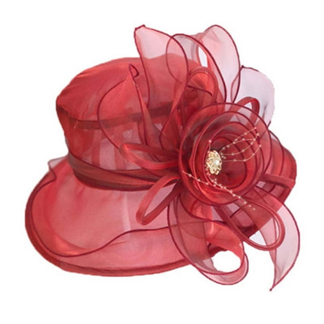Hontri Beach Hat Women Fascinator Lady Tea Party Church Wedding Bridal Flower Hat Floppy Hat Red ...
