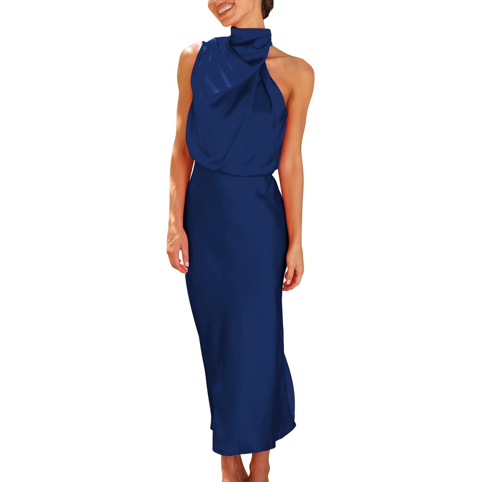 Hontri Clearance Women's Satin Dress Elegant Sleeveless Mock Neck ...