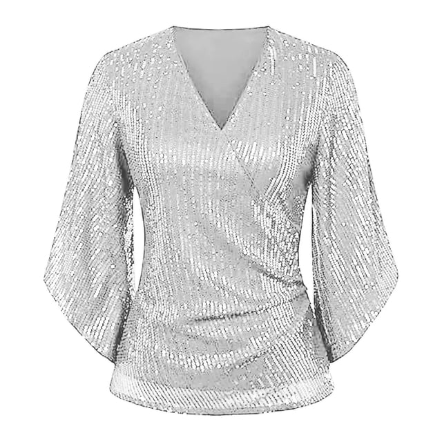 Hontri Plus Size Tops Womens Sequin Tops 3/4 Sleeve Glitter Sparkly ...