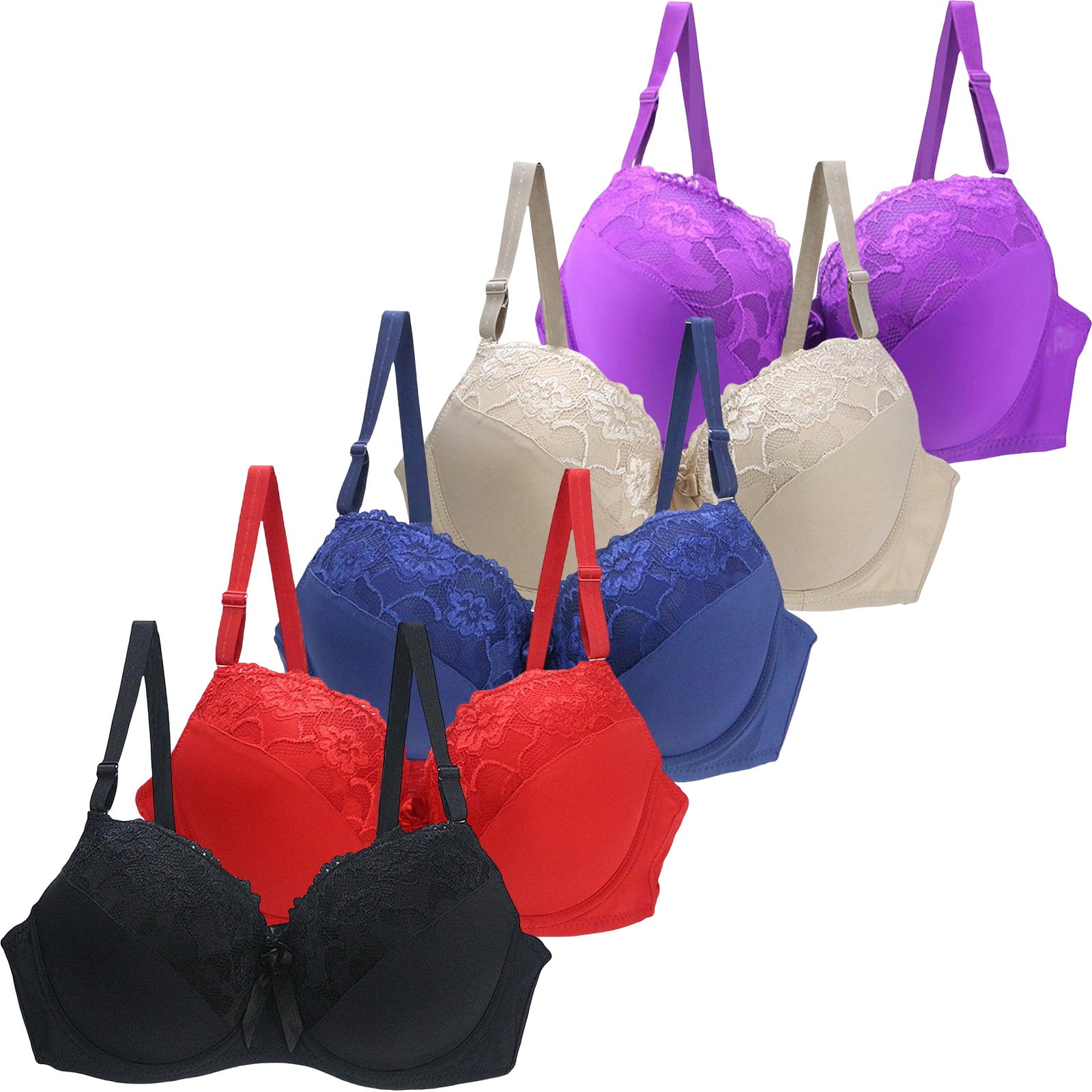 Hontri Plus Size Women's Lace Bras 34-44 BCDE Cup - 5PC Sexy Underwire ...