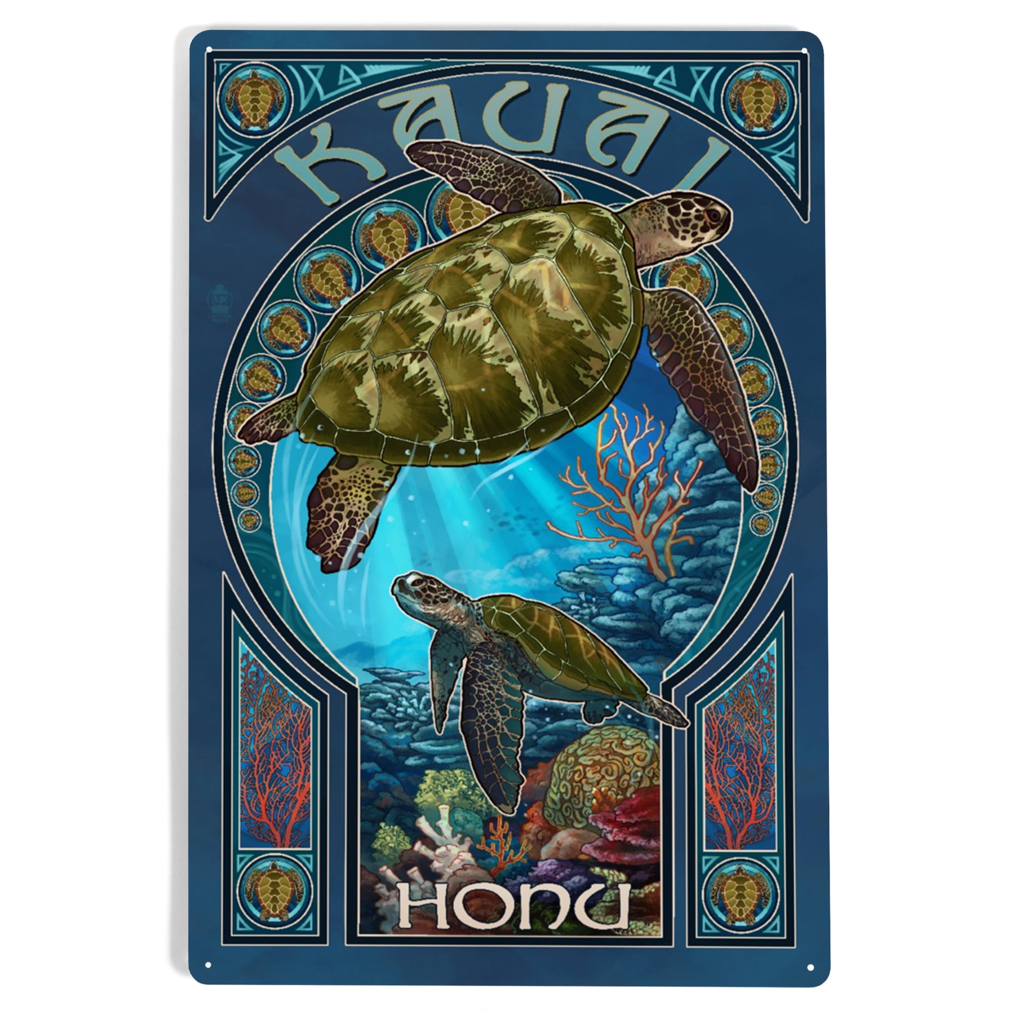 Honu, Kauai, Hawaii, Sea Turtle Art Nouveau (12x18 Aluminum Art, Indoor ...