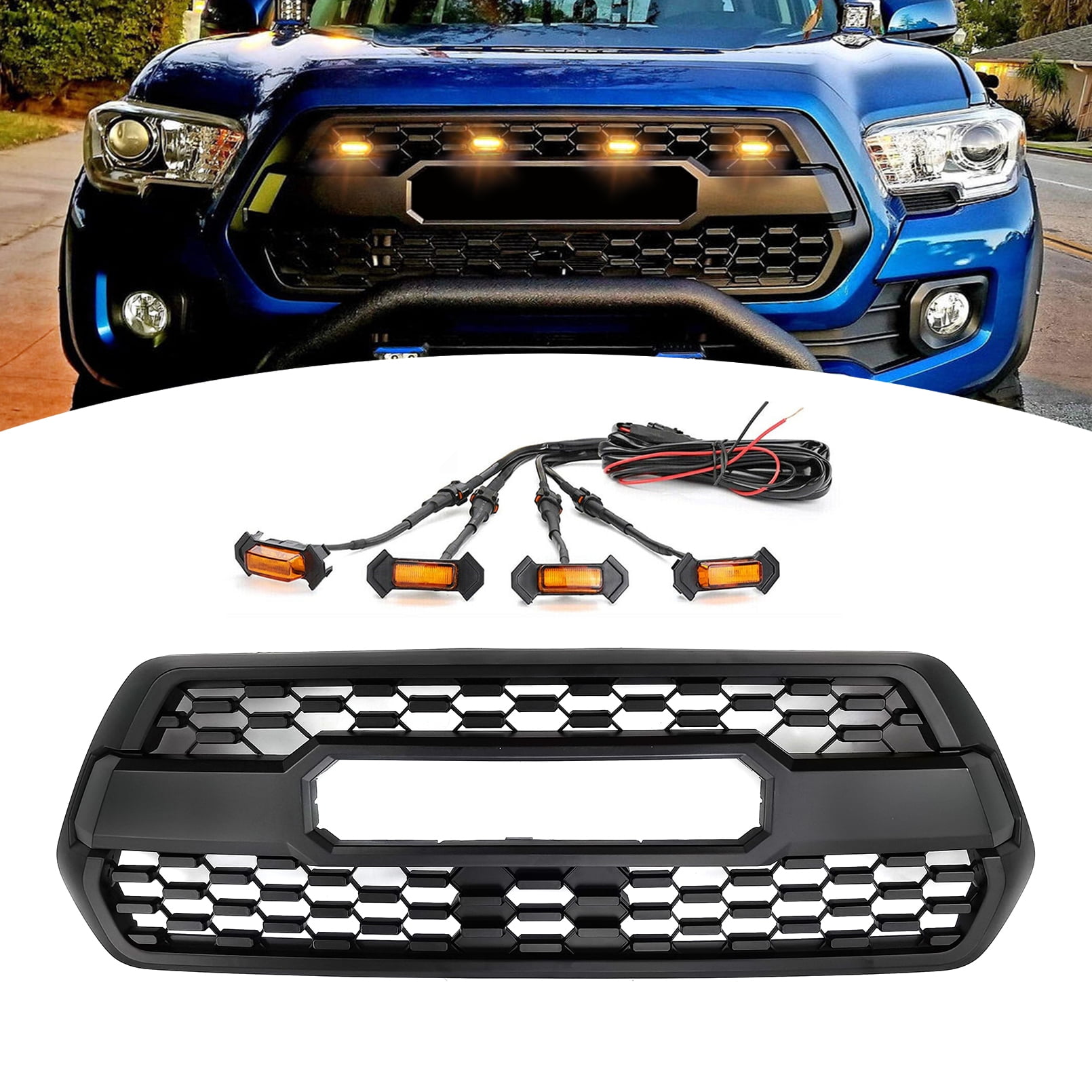 Hood Bumper Grille Grill With Accessories+4 LED Matte Black For 2016 ...