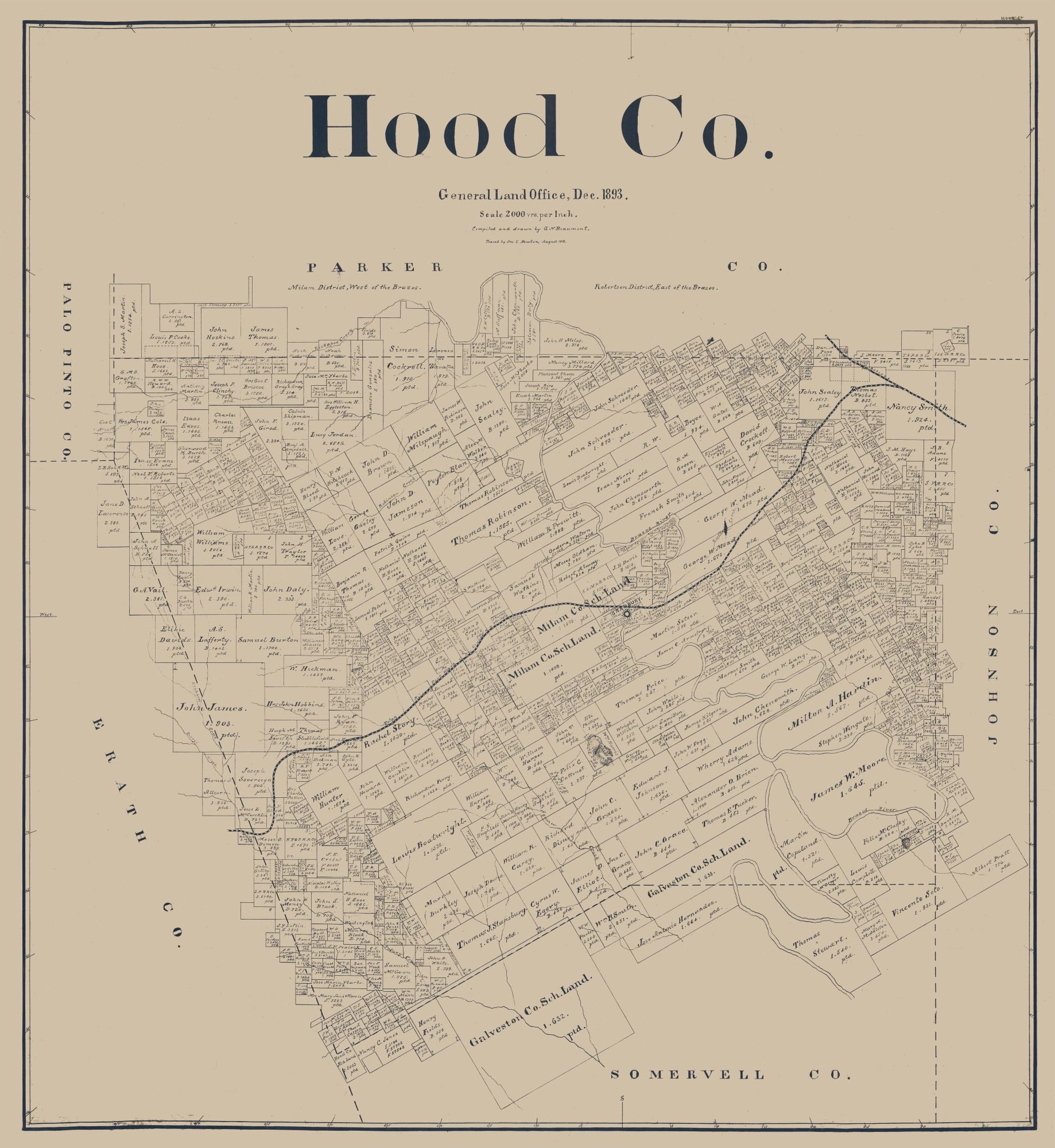 Historic County Map - Hood County Texas - Beaumont 1893 - 23 x 25.02 ...