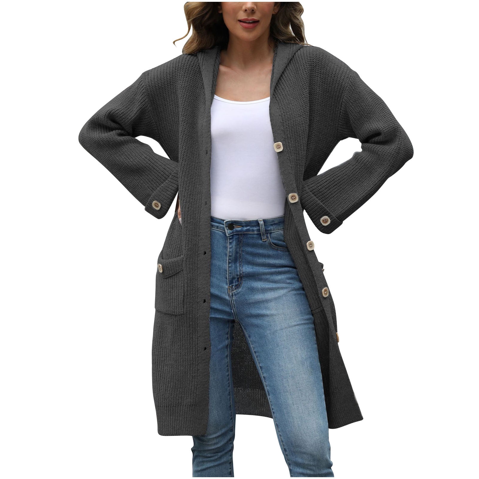 Hooded Cardigan Sweaters for Women Long Sleeve Button Down Knit Mid ...