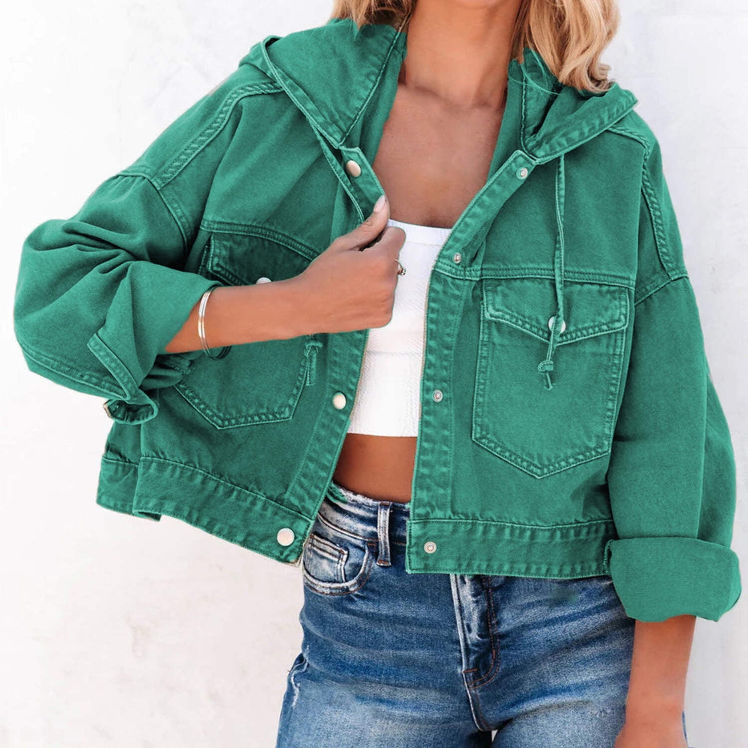 Hooded Dropped Shoulder Denim Jacket - Walmart.com