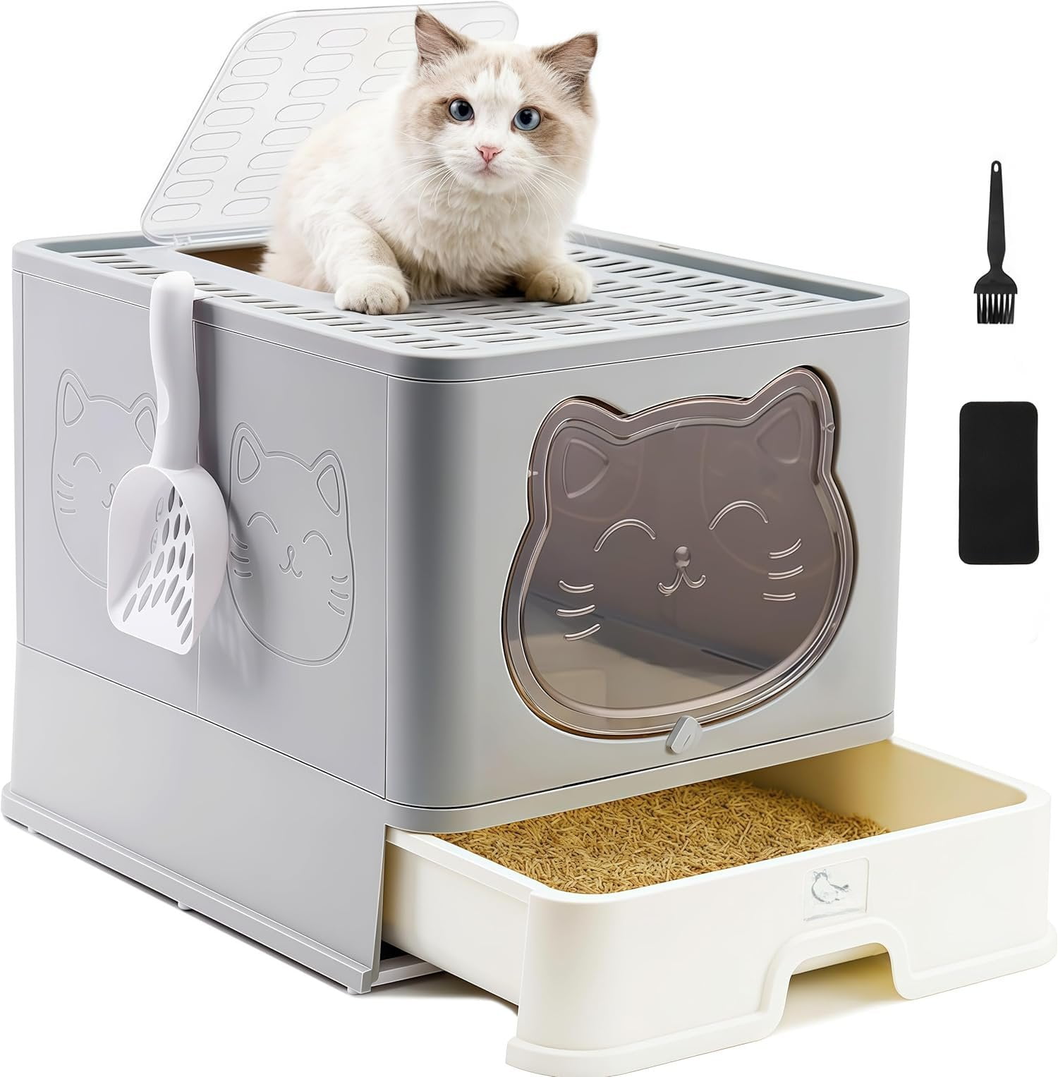 Hooded Fully Enclosed Litter Box with Drawer, Odor Control Indoor ...