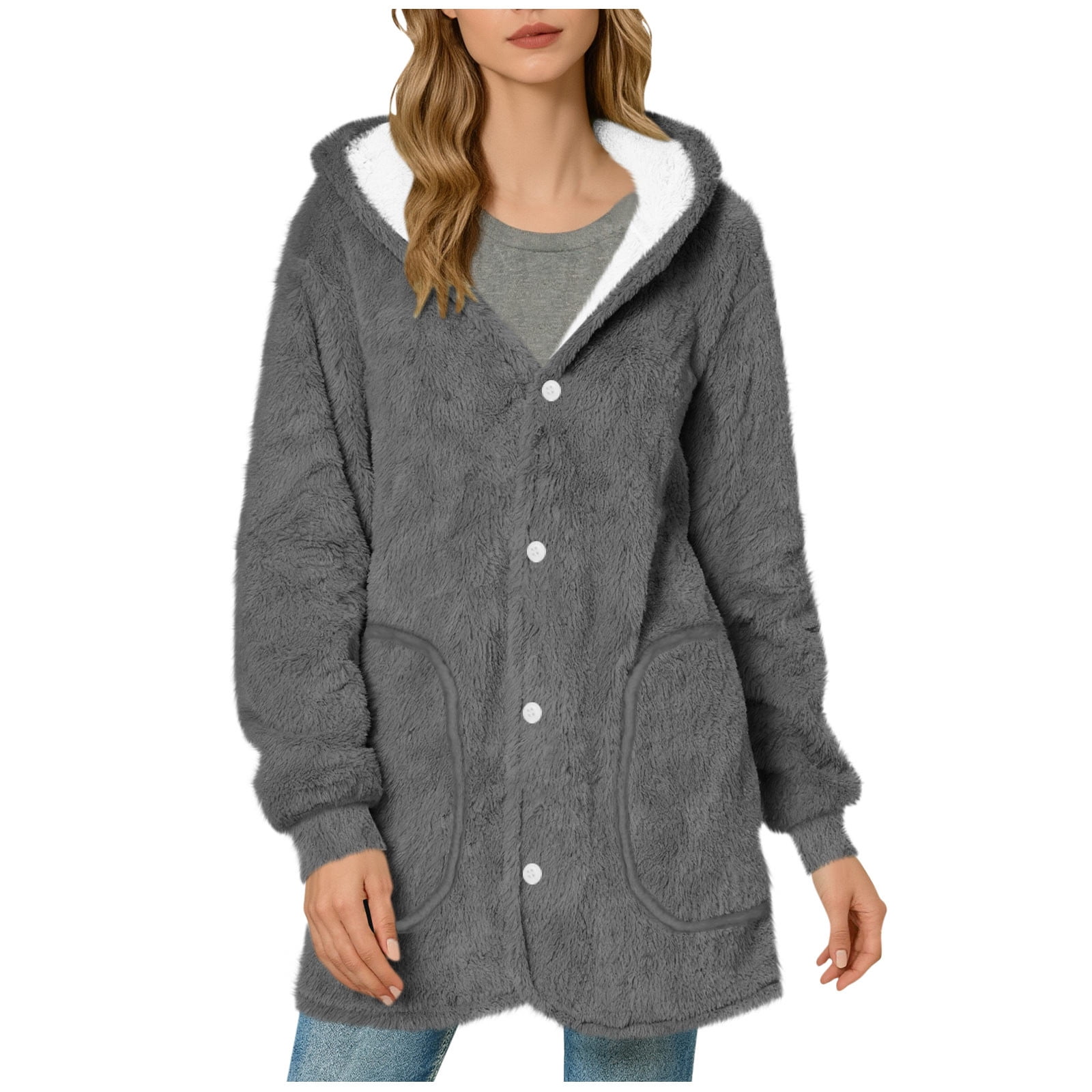Hooded Jackets for Women Long Sleeve Hooded Blouse Winter Loose Solid ...