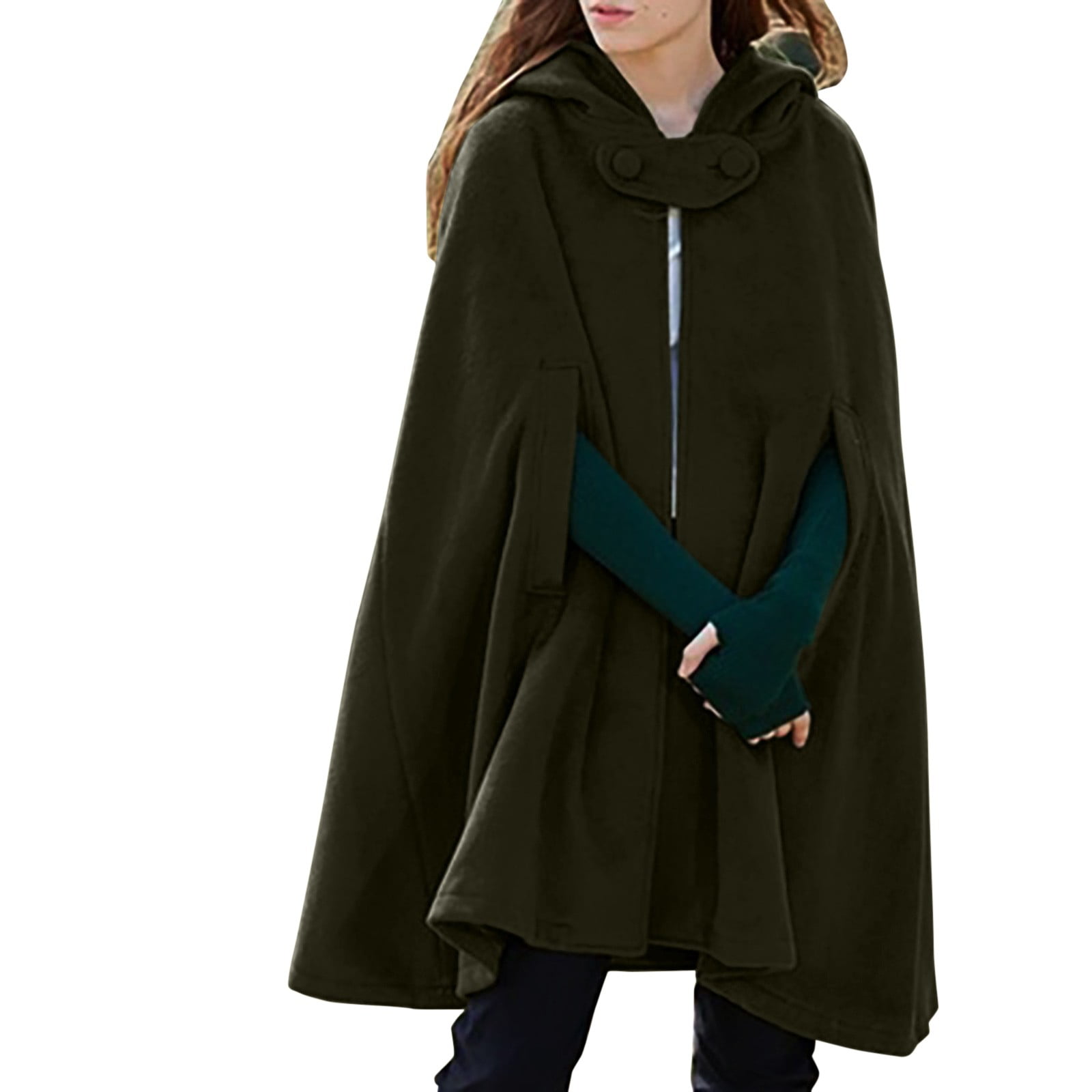 Hooded Medium Women Cape Winter Vintage Overcoat Fashion Button Cloak ...