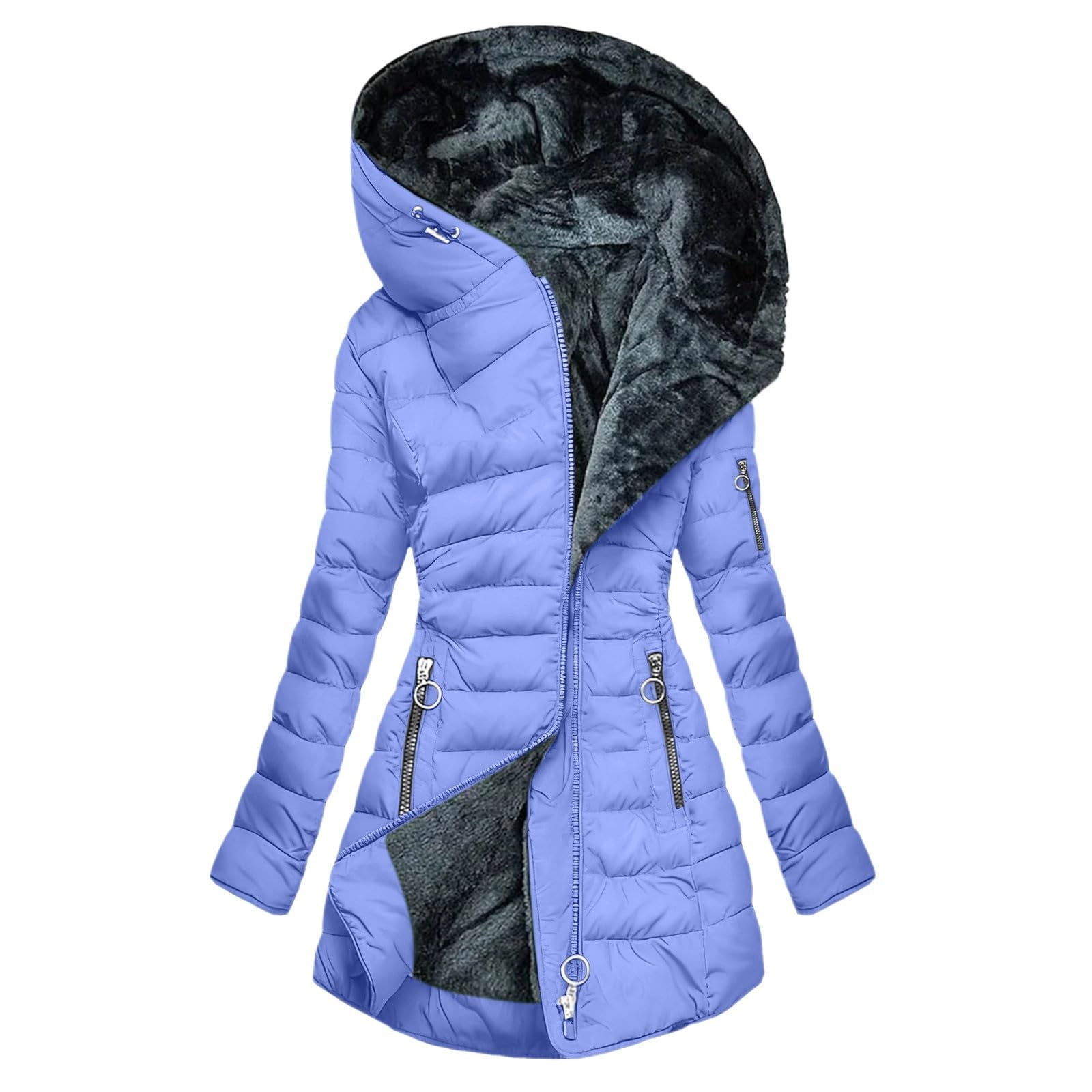 Hooded Mid Length Coat Front Zipper Winter Warm Fashion Outerwear for ...