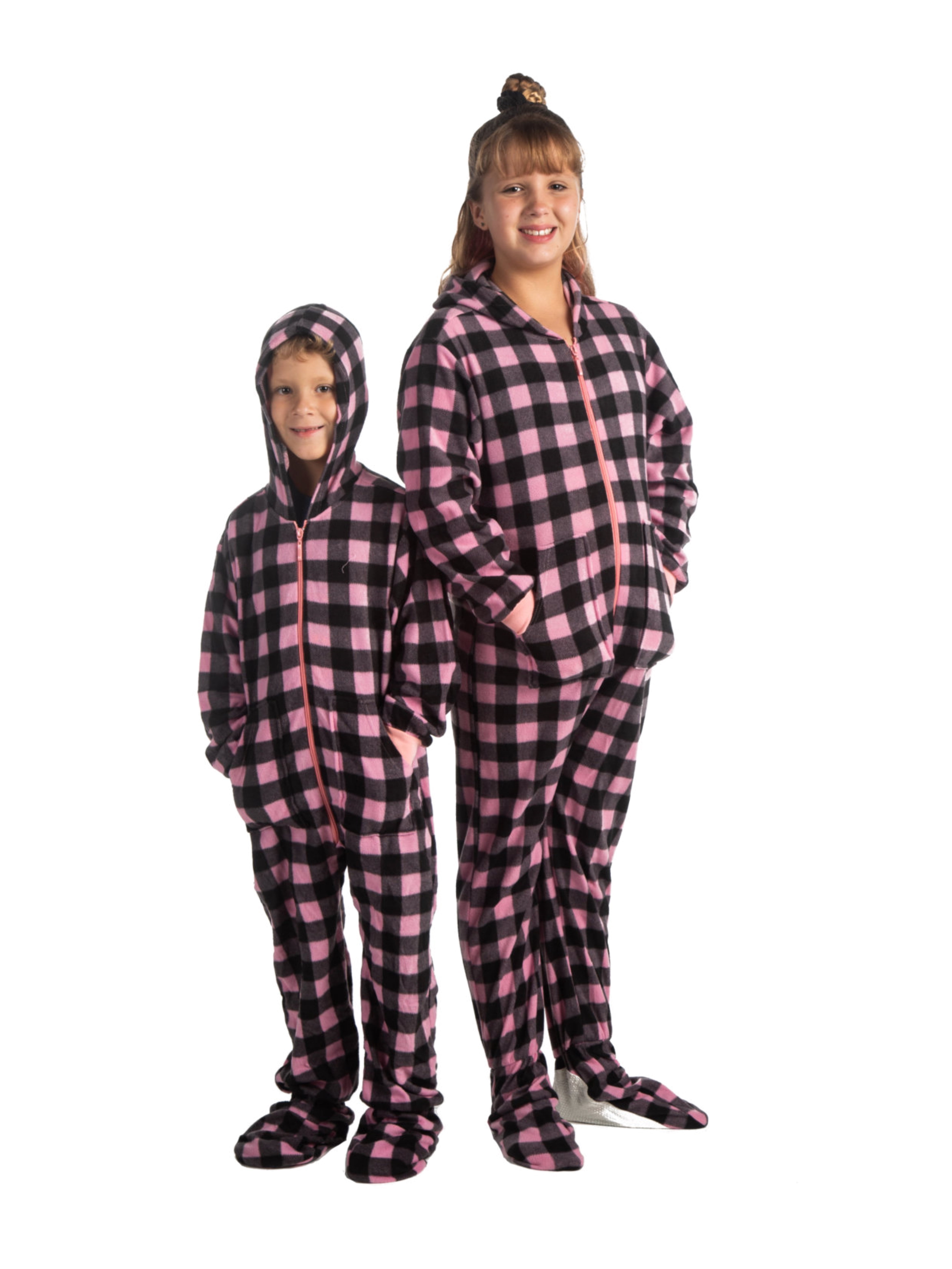Hoodie Footed One Piece Buffalo Pink & Black Plaid Fleece Footed ...