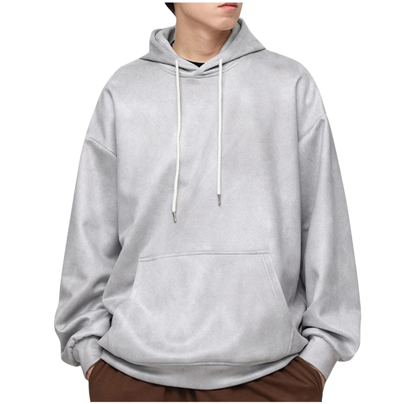 Hoodie Mens Shirts Hooded Drawstring Adjustable Shirt Men Solid Color Drawstring Kangaroo Pocket ...